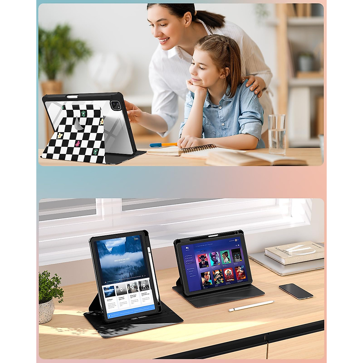 Uppuppy for iPad Air 11 inch Case, Air 5th/4th Generation 10.9, Pro 11'' Case Women Girls for Apple Pencil Holder Cute Plaid Rotating Folio Cover for iPad Air 11 2024 (M2), 10.9 2022 2020, Pro 11