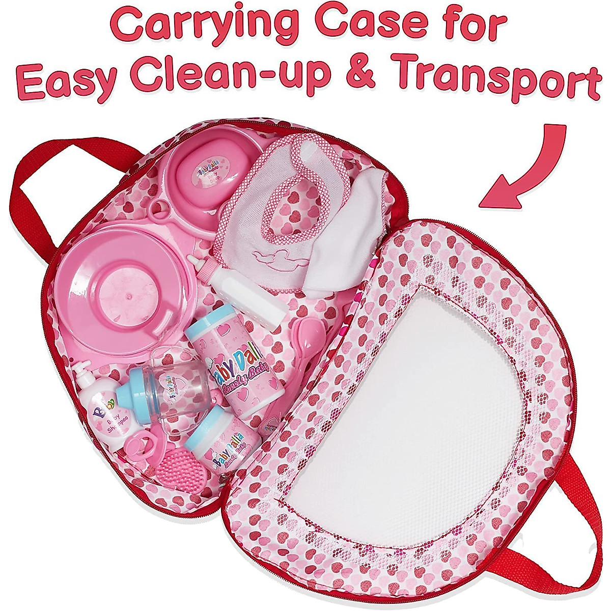 PREXTEX 18-Piece Baby Doll Accessories Set with Carrying Case - Includes Bottle, Sippy Cup, Pacifier, Bib, Hair Brush, Plates and More, Perfect for Kids, Toddlers, and Girls