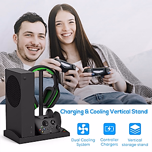 Cooling Fan with Charging Stand for Xbox Series S Console and Controller, Dual Charger Dock Accessories with 2 x 1400mAh Rechargeable Battery and Cover, Headphone Mount for Xbox Series S, Black