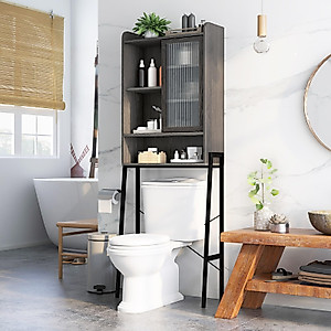 Tangkula Over The Toilet Storage Cabinet, Bathroom Space Saver Above Toilet with Sliding Acrylic Door & Metal Frame, Freestanding Bathroom Organizer with Adjustable Shelves for Bathroom Laundry