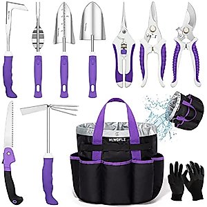 HLWDFLZ Purple Garden Tool Set Gardening Gifts for Women - 11PCS Heavy Duty Garden Tools with Detachable Storage Bag, Weeder, Dual-Purpose Hoe