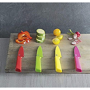 KUHN RIKON COLORI+ Non-Stick Straight and Serrated Paring Knives with Safety Sheaths, Set of 3, Red, Yellow and Green