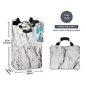 ALAZA White Marble Texture Large Laundry Basket, Collapsible Oxford Fabric Laundry Hamper, Foldable Clothes Tote Bag, Bin Storage Organizer with Handles