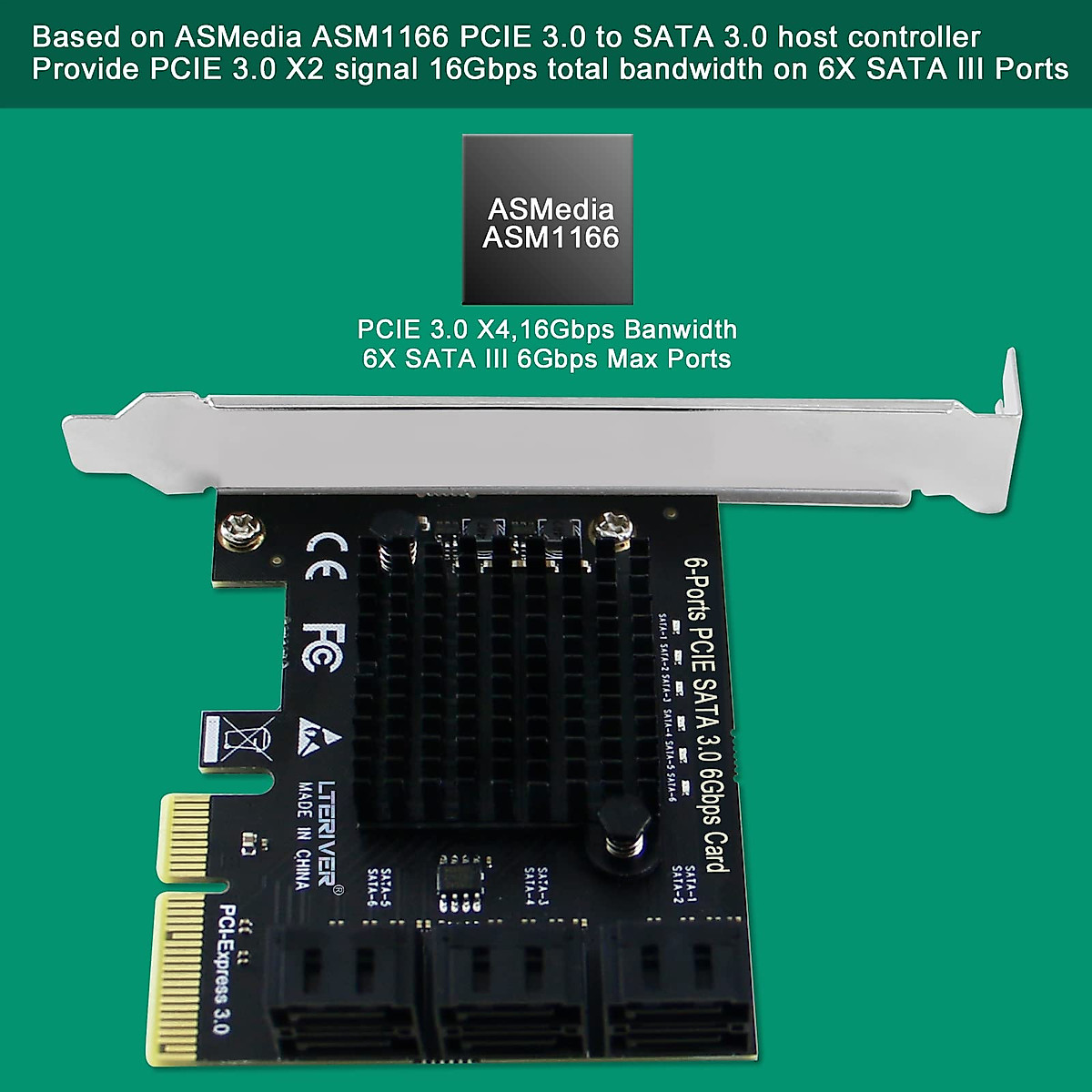 LTERIVER PCI Express X4 to 6-Ports Serial ATA/SATA 3.0 Host Controller Card- Plug and Play on Windows OS, MAC OS and Linux Systems-6X 6Gbps Max SATA 3.0 None Raid Ports-Support AHCI Boot Up (PCE-G2S6)