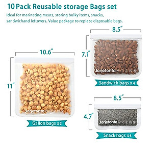 Reusable Storage Bags,10 Pack Reusable Food Container Bags Sets BPA Free Freezer Bags,2 Food Storage Gallon Bags,4 Leakproof Sandwich Bags and 4 Kids Snack Bags,Resealable Silicone for Meat Fruit