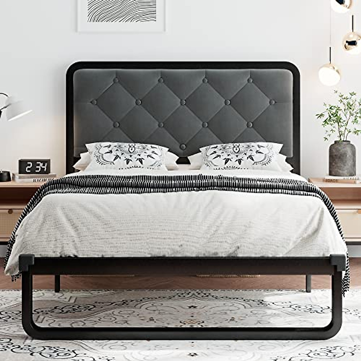 iPormis Twin Size Metal Bed Frame with Faux Leather Headboard, Curved Platform Bed Frame, Thicker Metal Steel Slats Support, 12'' Under-Bed Space, Noise-Free, Easy Assembly, Dark Gery