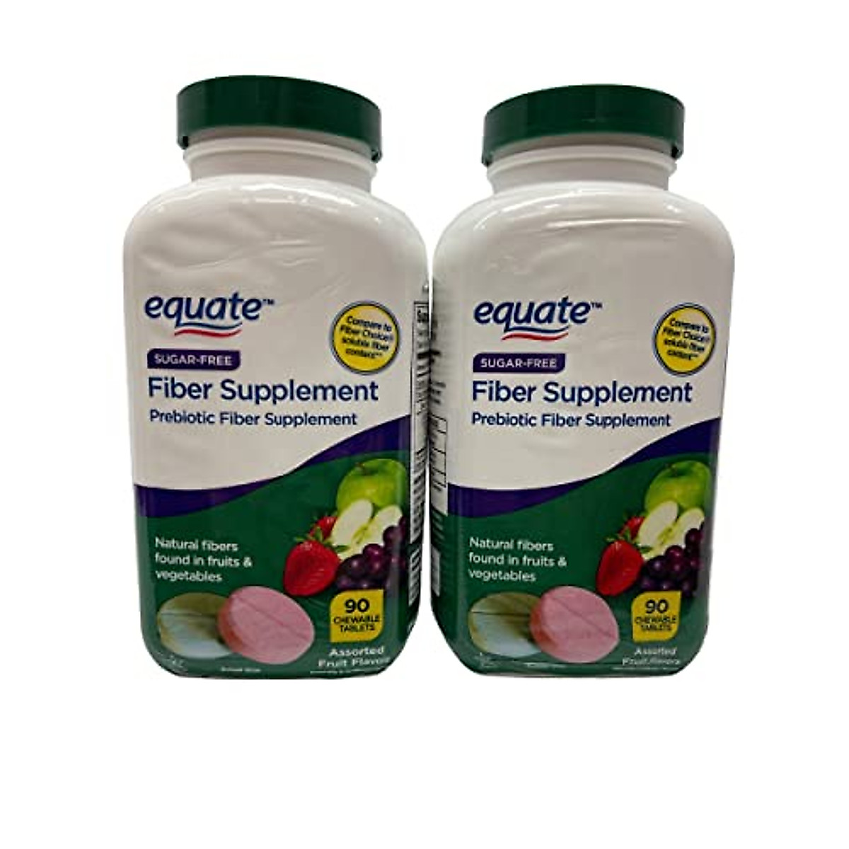 Equate Sugar Free Prebiotic Fiber Supplement Chewable Tablets Bundle: (2) 90 ct Bottles & ThisNThat Tip Card