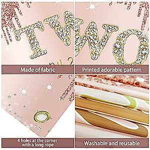 2nd Birthday Banner Backdrop Decorations for Girls, Rose Gold Happy 2 Year Old Birthday Sign Party Supplies, Pink Second Birthday Poster Background Photo Booth Props Decor