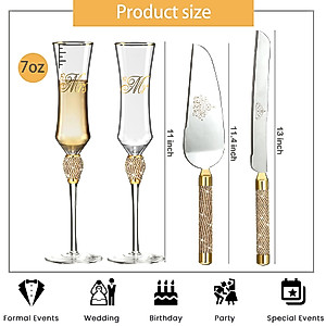 iooiluxry Wedding Cake Knife and Server Set, Bridal Shower Gifts for Bride Mr and Mrs Champagne Flutes Glass and Cake Cutting Set for Wedding Engagement Gifts (Gold)