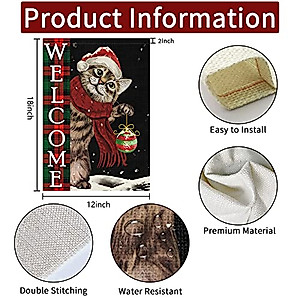 Heyfibro Welcome Christmas Garden Flag Christmas Cat with Scarf Ornament Snowflake, 12x18 Inch Double Sided Burlap Xmas Ball House Banner for Winter Christmas Outdoor Decoration (ONLY FLAG)