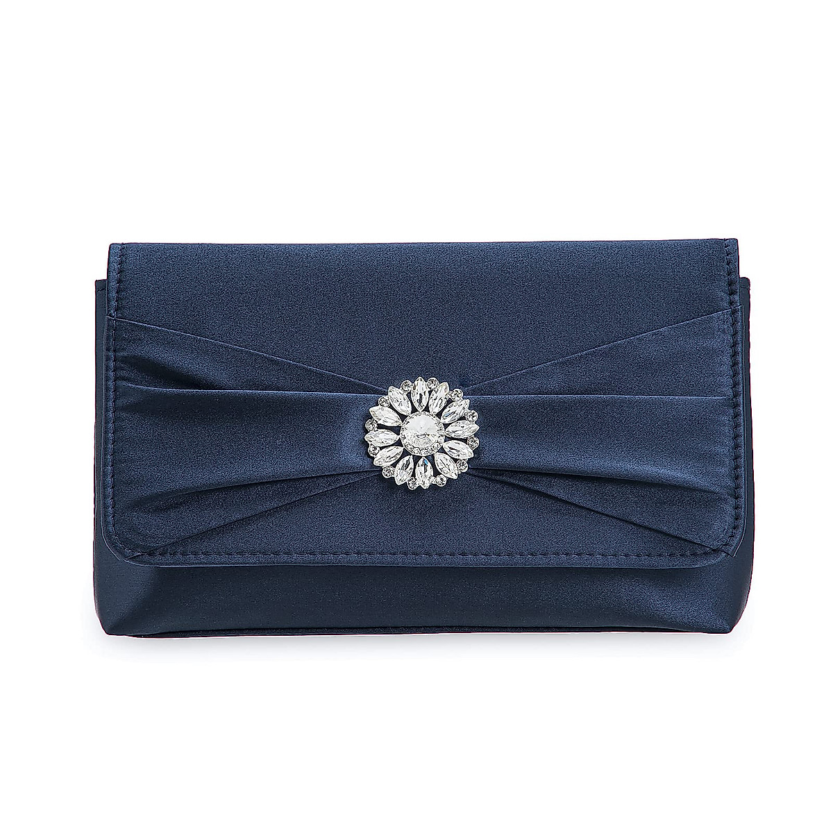 CHARMING TAILOR Evening Bag for Women Pleated Flap Satin Formal Purse Diamantes Brooch Embellished Clutch (Navy)