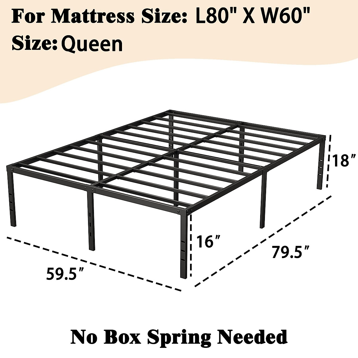 Jebosam 18 inch High Bed Frame Queen Size Heavy Duty Steel Support 2500 lbs Metal Queen Bed Frame No Box Spring Needed Non-Slip Noise Free Black Queen Platform Frame