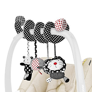 Genius Baby Toys Car Seat Toys for Infants - High Contrast Colors That Baby Sees Best - Easy to Attach - Car Seat Toy to Entertain Baby During Car Rides - Includes 4 Removable Toys on Spiral