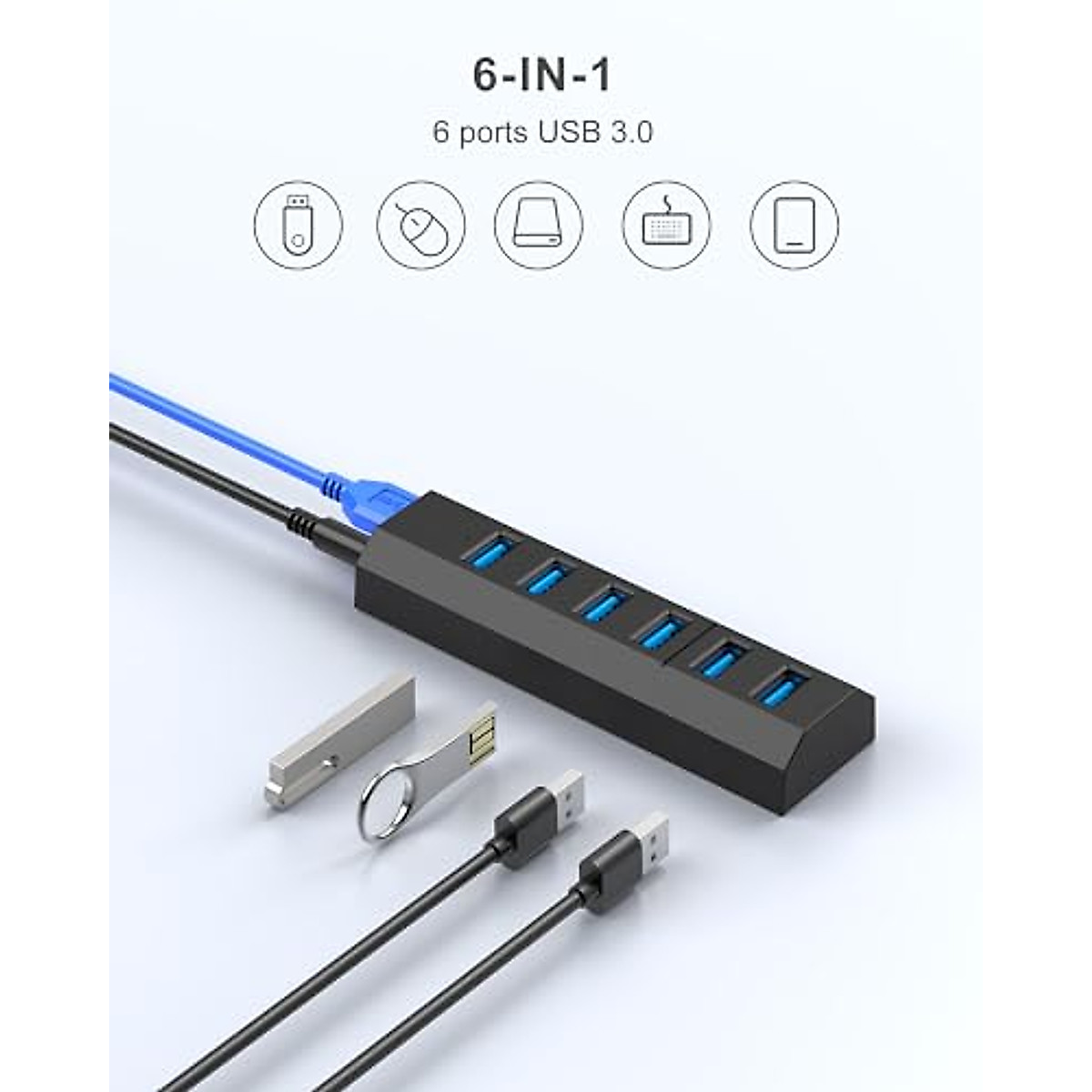 USB Hub, Aiibe 6 Ports Super High Speed USB 3.0 Hub Splitter + 10W Power Adapter + USB 3.0 Cable, Black Smart Fast Charger Powered USB Hub for Laptop, Mac, PC, Mobile HDD, Mulitple Devices