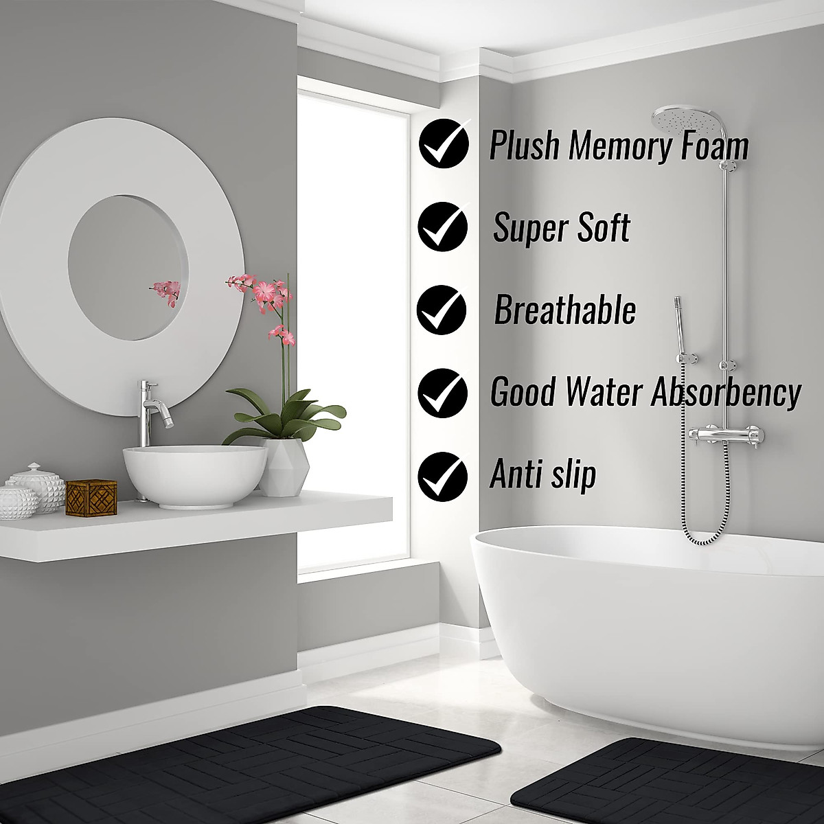 Effiliv Bathroom Rug Set 5 Piece - Memory Foam Bathroom Mat Set, Soft and Comfortable, Non-Slip Thick Absorbent Bath Mats, Machine Washable, Black