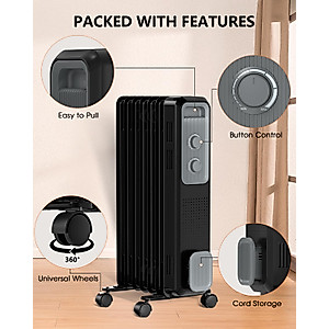 R.W.FLAME Oil Filled Radiator Heater,1200W Electric Space Heaters with 3 Heat Settings,Adjustable Thermostat,Overheat & Tip-Over Protection,Quiet Radiator Heater for Home Office Indoor Use (Black)