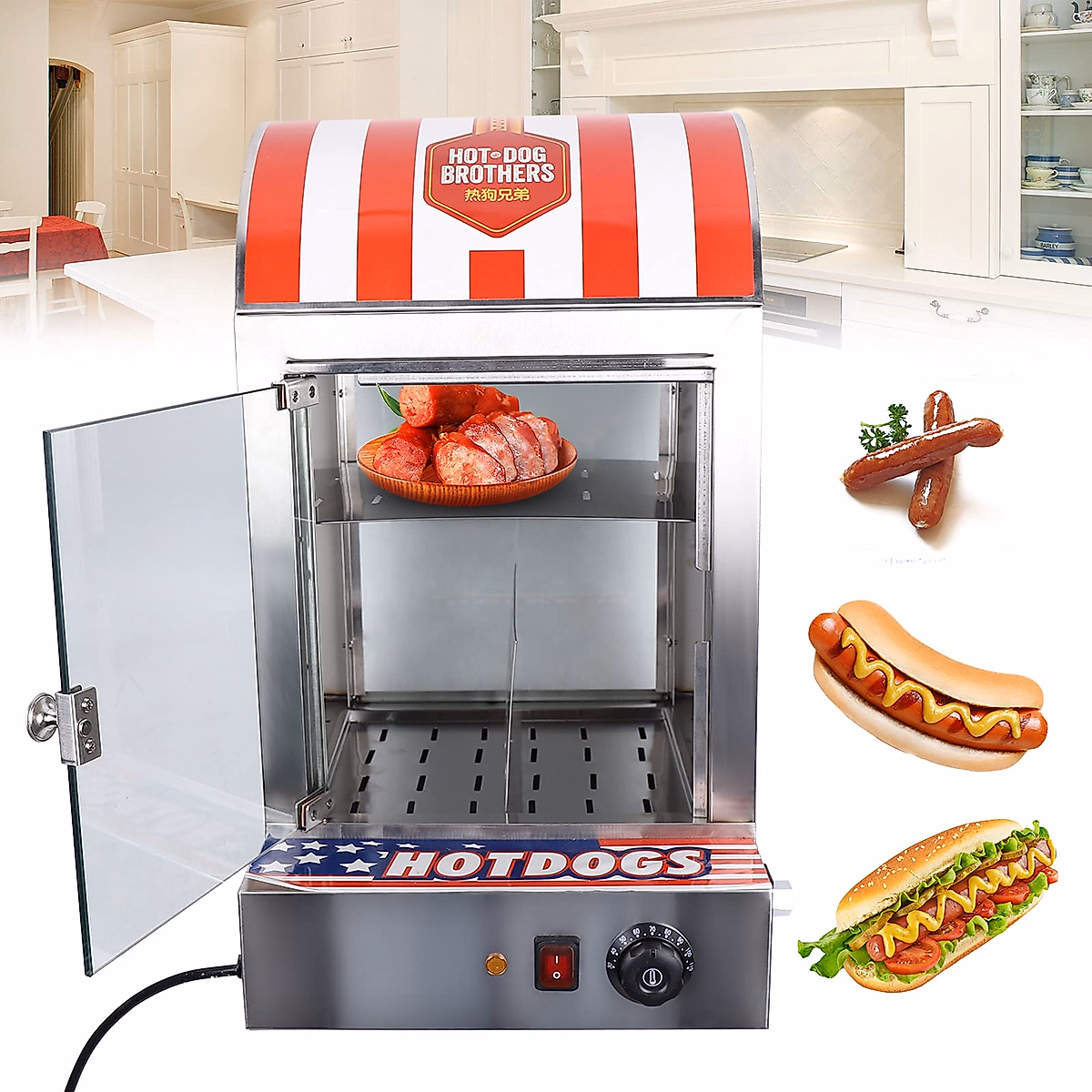 kitneed 1500W Hot Dog Steamer Machine, 2-Tier Commercial Hot Dog Hut Steamer, Stainless Steel Electric Hot Dog Steamer Machine with Temperature Adjustable for Bakery, Convenience and Household
