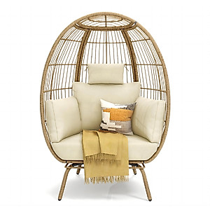 YITAHOME Outdoor Egg Chair, 370lbs Capacity Wicker Patio Basket Chair, All-Weather Oversized Stationary Egg Lounger Chair for Indoor Living Room Outside Balcony Backyard (Beige)