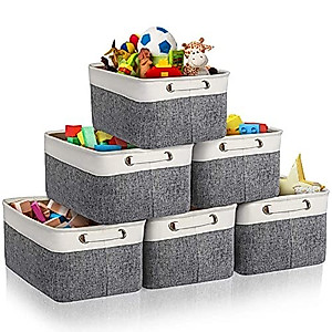 EXTREE Fabric Small Storage Baskets - 6 Pack Nursery Decorative Storage Bins Linen Empty Gift Basket with Handles for Organizing Shelves Bathroom(Gray,11.8L x 7.9W x 5.3H inches)