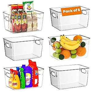 ClearStorage Clear Plastic Storage Bins, 6 Pack Pantry Organizers and Storage with Handle, Pantry Storage for Fridge, Freezer, Kitchen Cabinet, Pantry Organization and Storage, BPA Free (11x8x6)