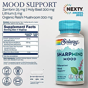 SOLARAY SharpMind Mood Support Supplement, Nootropic for Relaxation and Stress Relief, Zembrin, Holy Basil, Lithium Orotate 5mg, Organic Reishi Mushroom, 60 Day Guarantee, 30 Servings, 30 VegCaps