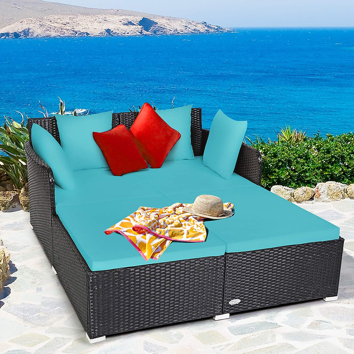 Tangkula Outdoor Rattan Daybed, Sunbed Wicker Furniture w/Spacious Seat, Upholstered Cushion & High-Resilience Sponge, Wicker Patio Sofa Set w/Extra Pillows for Courtyard Poolside(Turquoise)
