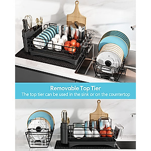 Dish Drying Rack Drainboard Set, Large Stainess Steel 2 Tier Dish Rack with Drainage Dish Drainers for Kitchen Counter with Wine Glass Holder, Cutting Board Holder, Utensil Holder and Dry Mat(Black)