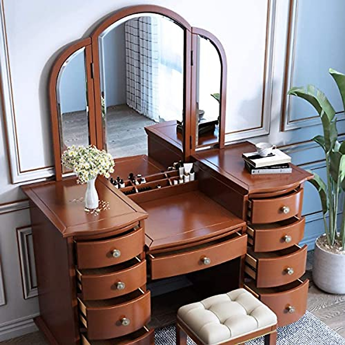 LEONYS Makeup Vanity Table Set with Round Mirror, Built-in LED Light, Dressing Desk with 9 Drawers and Cushioned Stool for Bedroom, for Women (Color : Brown)