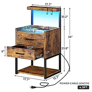 VIAGDO Nightstands Set of 2 with Charging Station, LED Night Stand with 2 Drawers, Rustic Brown Modern Bedside Tables with Open Storage Shelves, End Side Tables for Bedroom, Office