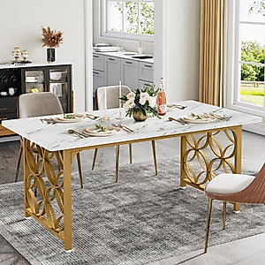 Tribesigns Dining Table, 63-inch Modern Marble Dining Room Table for 6 People, Rectangular Kitchen Table with Gold Metal Frame for Kitchen, Dining Room (White and Gold)