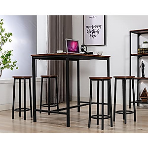 5 Piece Bar Table Set, 43.3” Industrial Dining Table Set, Counter Height Table with Bar Stools Set of 5, Kitchen Breakfast Table and Chairs for Dining Room, Living Room, Apartment