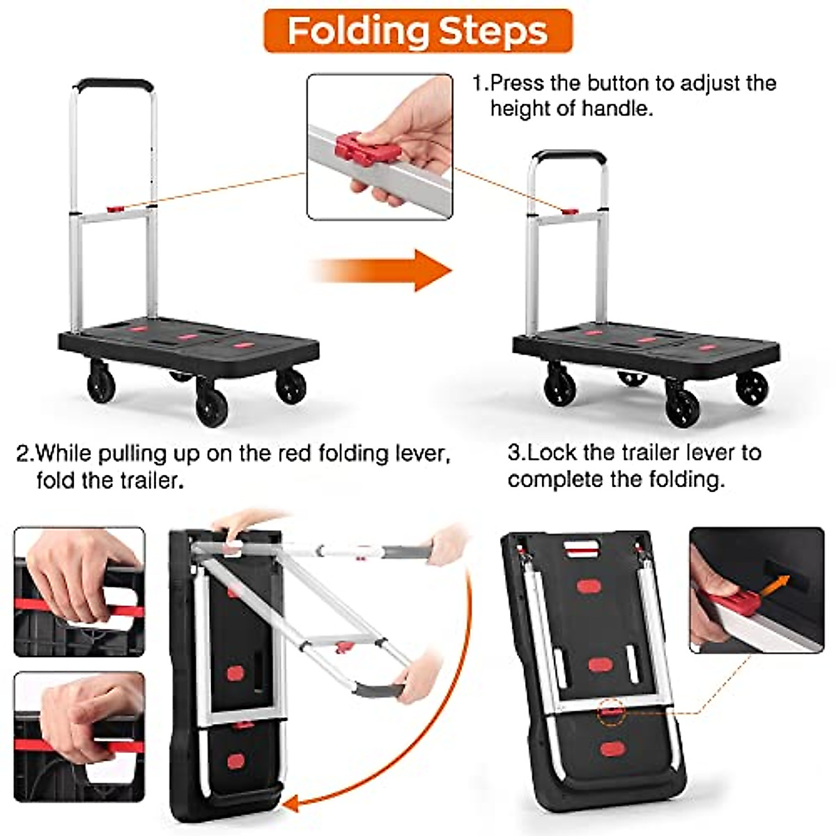 nisboigr Push Dolly Cart Foldable Platform Hand Truck 330lb Weight Capacity with 360 Degree Swivel Wheels for Garage Garden Home & Office Use, Black