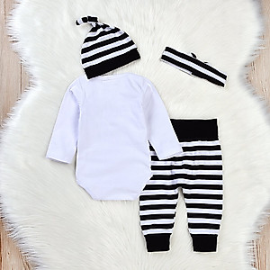Newborn 4pcs Set Outfit Striped Hoodie with Romper Jumpsuit+ Striped Long Pants and Hat (0-3Months, Long Sleeve)