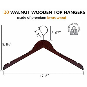 Amber Home Smooth Walnut Finish Solid Wood Shirt Dress Hangers 20 Pack, Sturdy Wooden Coat Hangers with Precisely Notches, Clothes Hangers for Jacket, Camisole, Bridal (Walnut, 20)