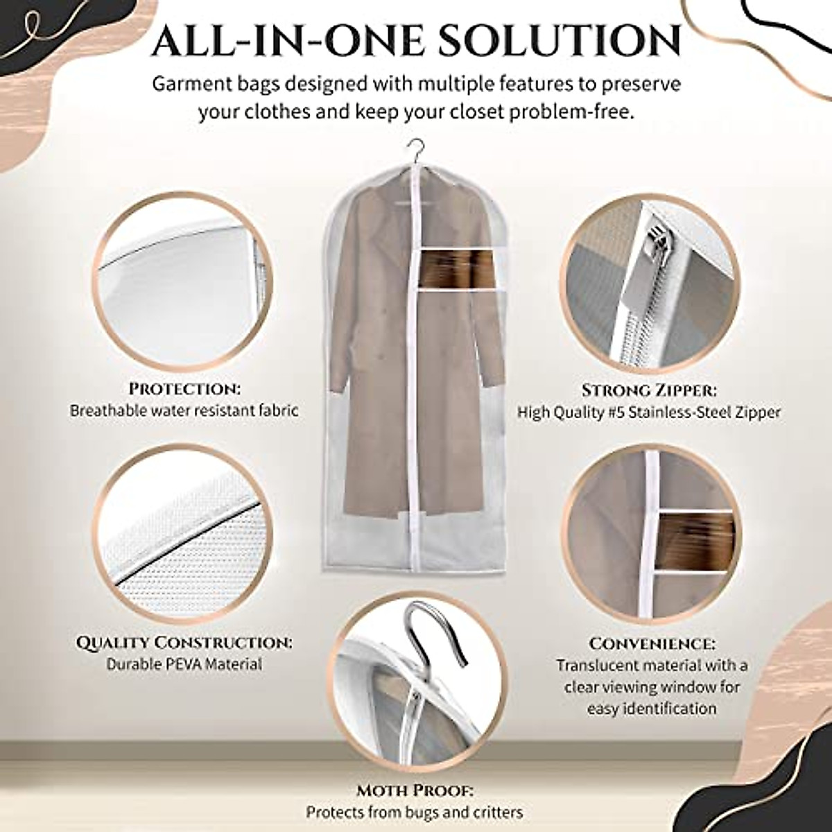 KUVR Clear Plastic Garment Bags for Hanging Clothes, Dress Bag Suit Bags for Closet Storage, Zippered Clothes Cover, Hanging Garment Bags Dance Costumes Clothing Protector - 43"(4 pc) 55"(2 pc) 6 pack