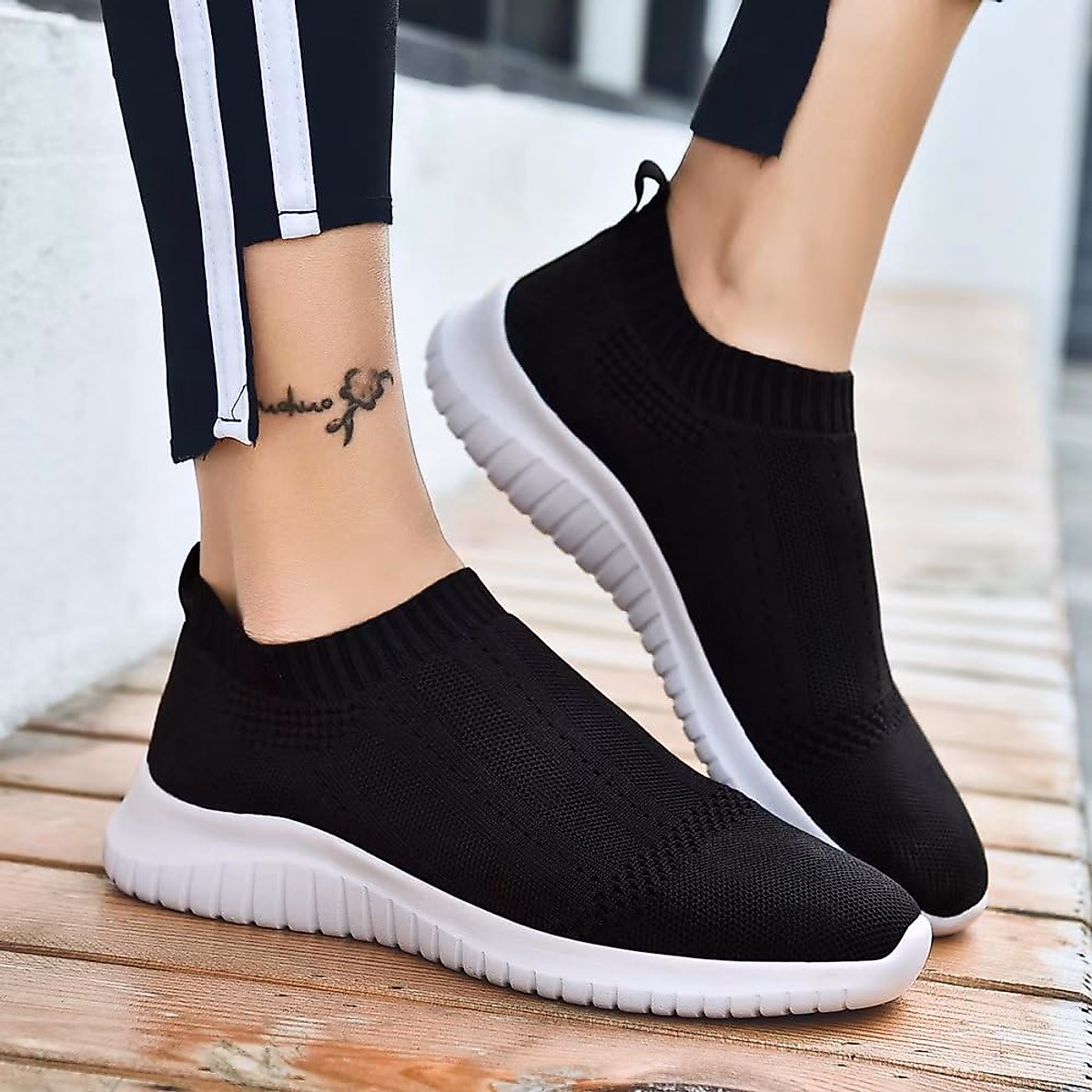 konhill Women's Casual Walking Shoes - Breathable Mesh Work Slip-on Sneakers 8 US,Black,38.5