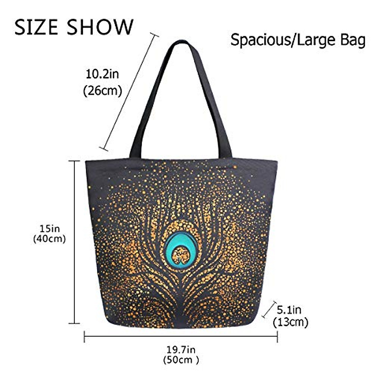 ZzWwR Beautiful Gold Sparkling Peacock Feather Extra Large Canvas Shoulder Tote Top Handle Bag for Gym Beach Travel Shopping