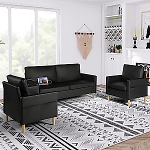 AILEEKISS Mid-Century Sectional Sofa Set for Living Room Faux Leather Office 2 Pcs Couch Set with Armrest Modern Upholstered Loveseat Couches (1-Seater+2-Seater, Black)