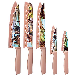 G.a HOMEFAVOR Knife Set, Chef Knives with Dinosaur Pattern, 5-piece Kitchen Knife Set Nonstick Coated with 5 Blade Guard, Gift Box Perfect as a Christmas gift