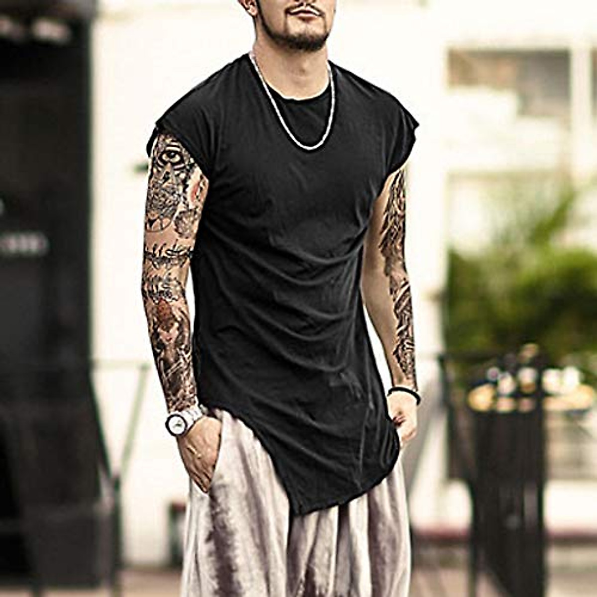 YOMXL Men Solid Color Irregular Hem Tops Athletic Sport Soft Tank Tops Casual T Shirt Tee Black