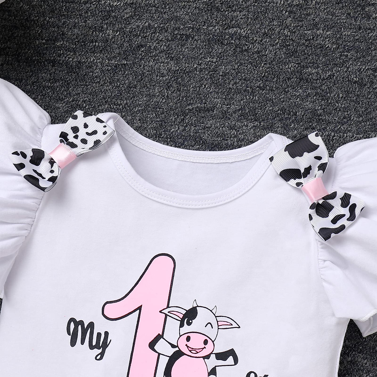 Cow Themed First Birthday Girl Outfit Romper Tutu Skirt Headband Cake Smash Photoshoot Toddler Baby Cows Print My 1st Birthday Outfit Farm Animals Party Supplies Infant Halloween Costume Pink 1T