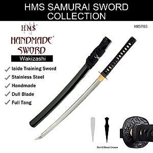 HMS Unsharpened Iaido Training Wakizashi Sword, Stainless Steel, Full Tang, Samurai Bamboo Tsuba, Black Scabbard