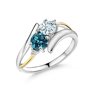 Gem Stone King 925 Sterling Silver and 10K Yellow Gold Sky Blue Aquamarine and London Blue Topaz with White Lab Grown Diamond 2 Stone Women Crossover Ring (1.22 Cttw, Available in size 5, 6, 7, 8, 9)