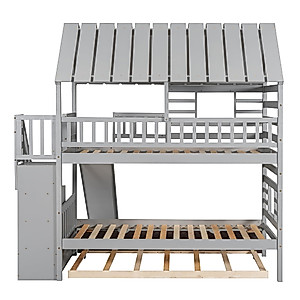 BOVZA Stairway House Bunk Bed Twin Over Twin with Trundle and Slide, Wooden Bunk Bed Frame with Storage Stairs, Roof and Window Design, for Kids Girls Boys, Gray