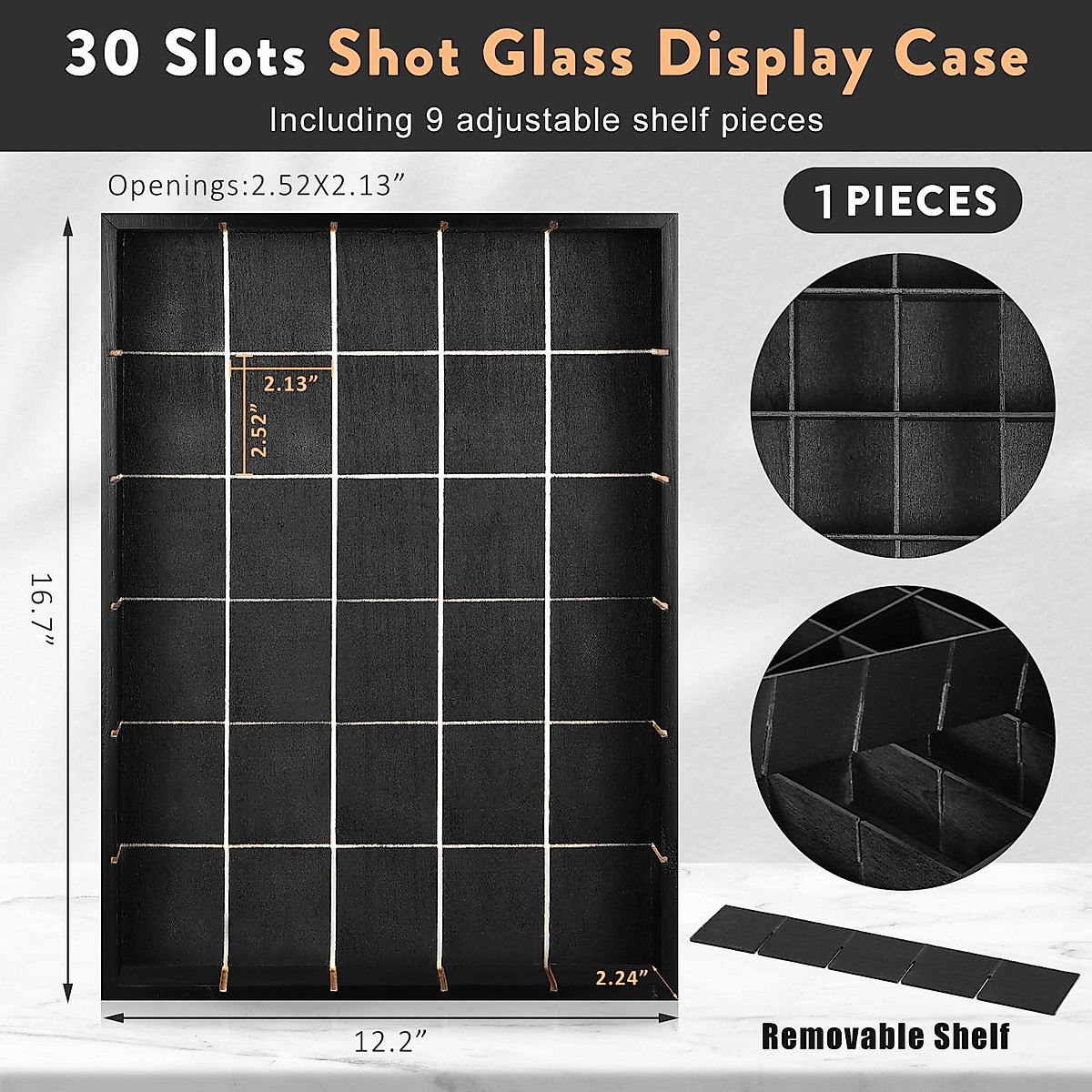 DARCKLE Shot Glass Display Case for Wall, Wood Holds Set of 30 Glasses Shot Glass Holder Display Shelf, 17'' x 12''-3'' x 2'' (Black, 1PCS)