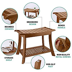 VVW Bamboo Shower Bench & Stool with Storage Shelf, Bath Benches for Inside Shower, Bathroom Stools 2-Tier Spa Seat for Adults Elderly (Walnut)