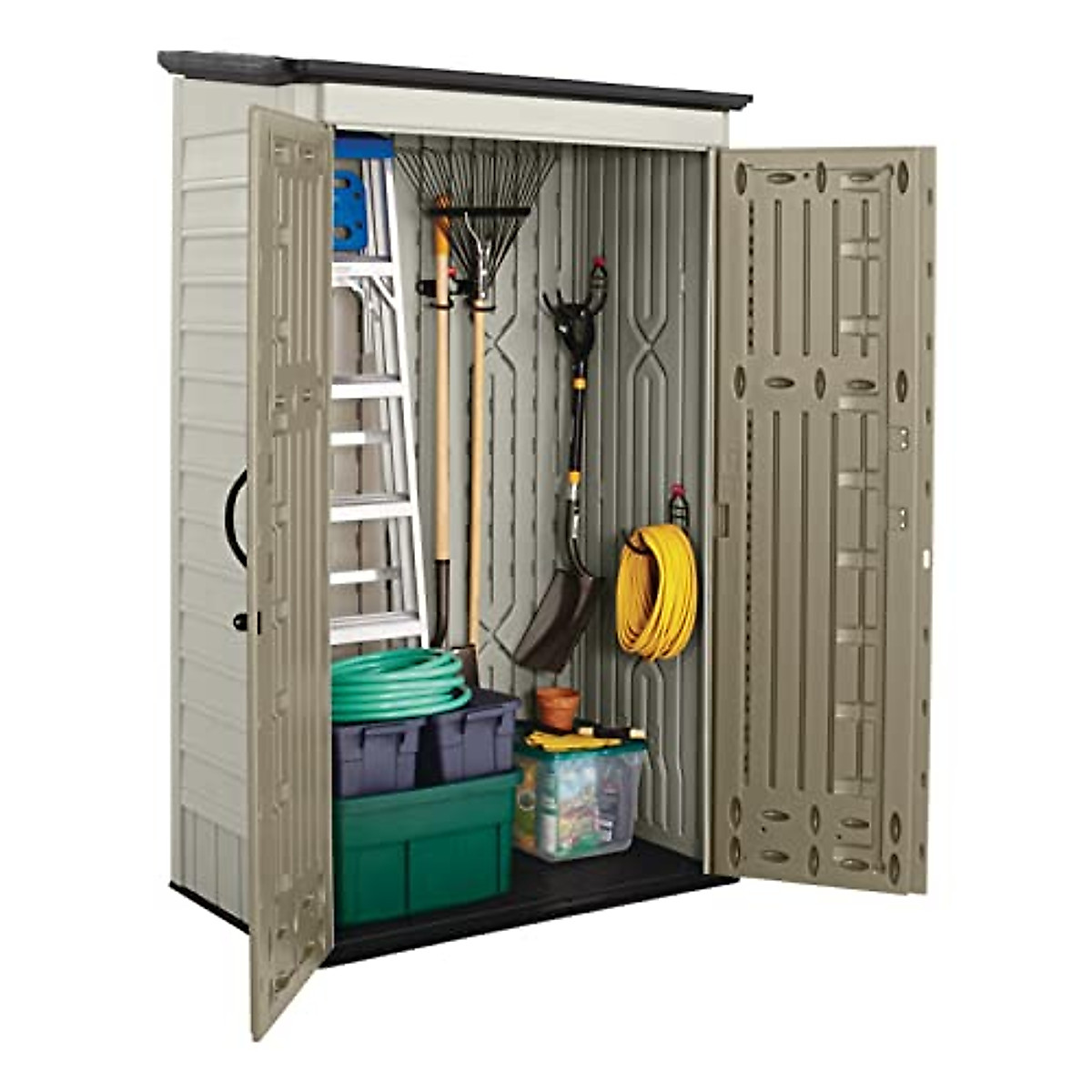 Rubbermaid Outdoor Small Vertical Resin Storage Shed, 5x2 Feet, Brown, Weather Resistant Utility Shed with Lock for Storage for Lawn Accessories/Power Tools/Outdoor Toys/Hose