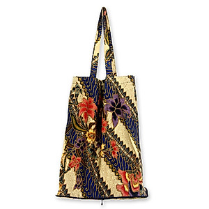 NOVICA Artisan Handmade Cotton Batik Foldable Tote Bag Shopping Multicolor Classic Blue Snorkel Shoulder Patterned Indonesia 'Jogjakarta Legacy'