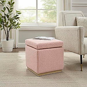 Linon Blush Sherpa Lexington Upholstered Square Storage Ottoman with Pine Wood Accent