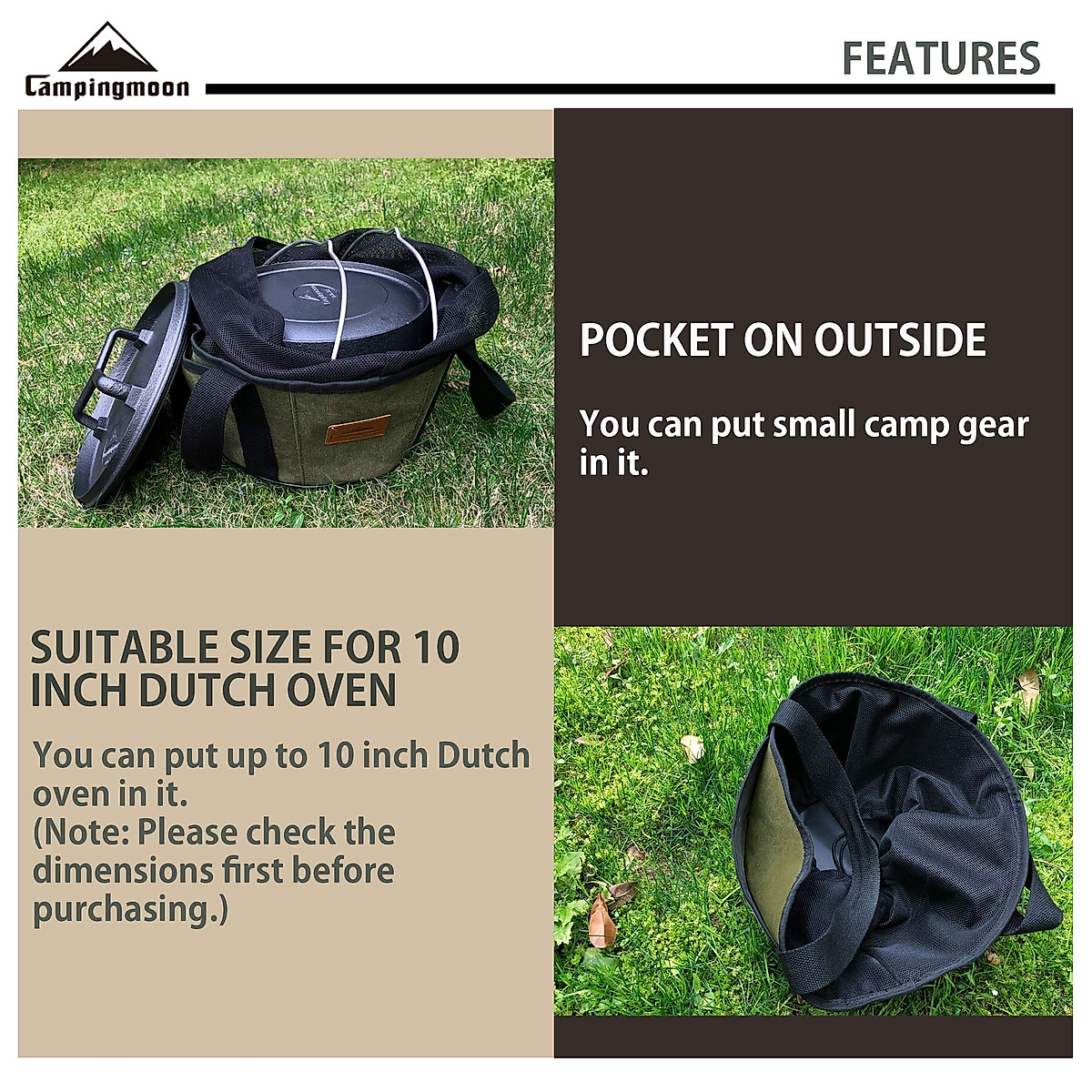 CAMPINGMOON Canvas Carry Bag for 10-inch Dutch Oven DO-28BK